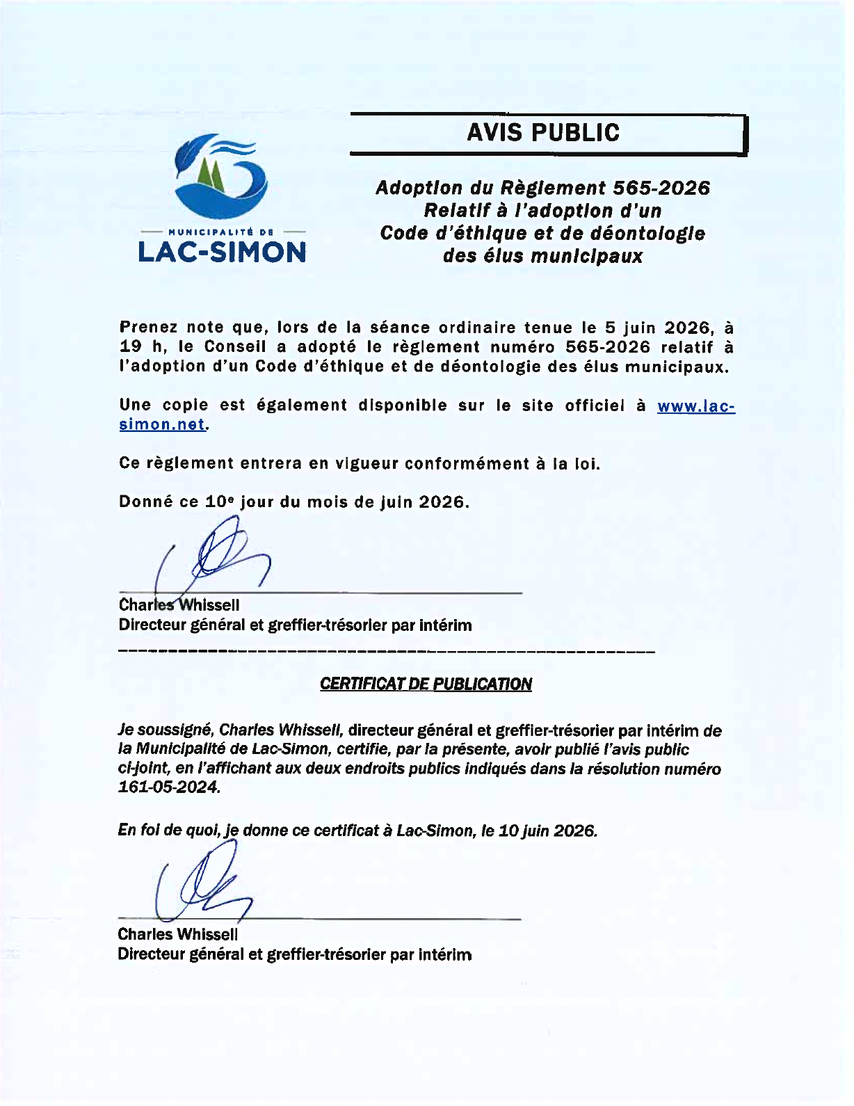 Avis public de l'adoption du règlement 565-2026 - relatif à l’adoption ...